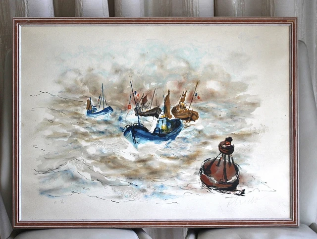 MARINE AQUARELLE SUR PAPIER Signé Epreuve d'Artiste (EA) Fin du XXe siècle Encad EUR 47,00 ...